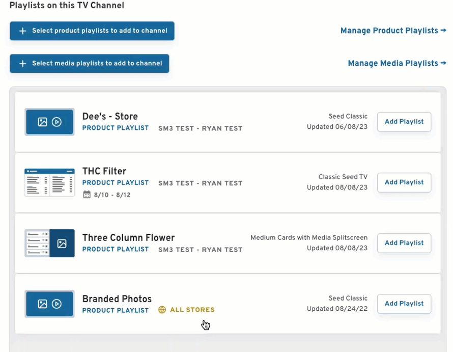 Adding and removing Playlists on a Channel